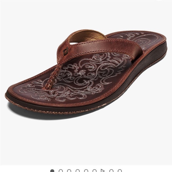 OluKai | Shoes | Olukai Paniolo Flip Flop Sandal Thong Brown Leather Embroidered Footbed | Poshmark